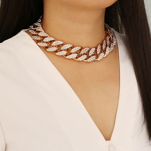 boutique | Jewelry | Crystal Chainlink Necklace Gold Style Cuban Link ...